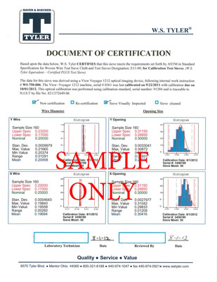9992 Test Sieve Lab Certification - Calibration Grade
